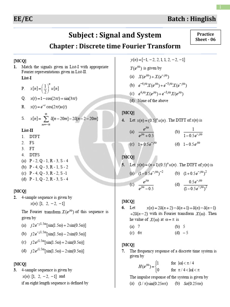 6 Discrete Time Fourier Transform PRACTISE SHEET | PDF | Fourier ... 6 Discrete Time Fourier Transform PRACTISE SHEET | PDF | Fourier ...