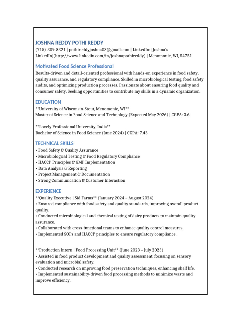 Joshna Reddy Formatted Resume | PDF | Food Safety | Hazard Analysis And ...
