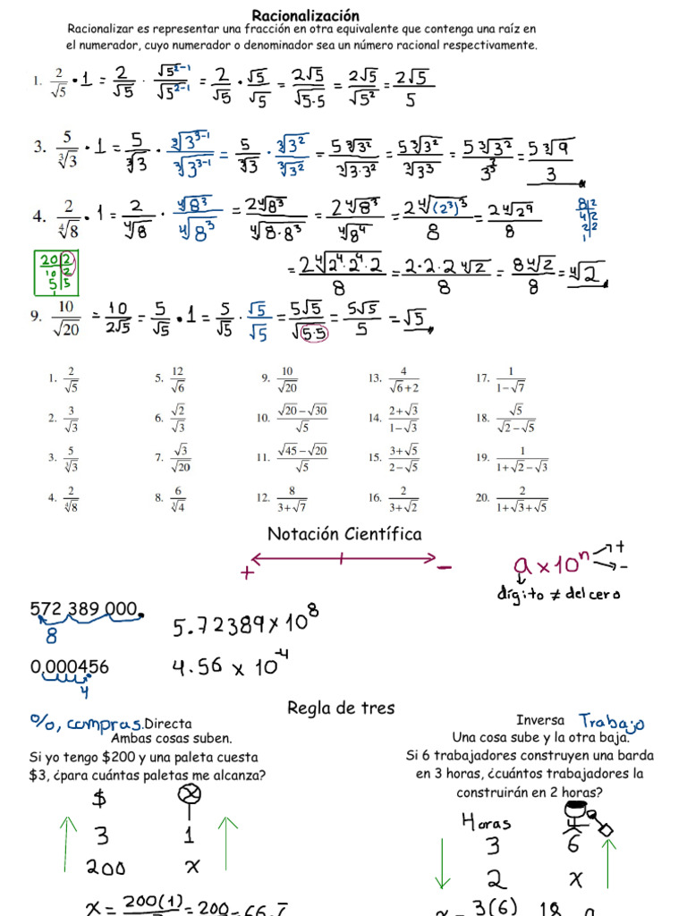Racionalización, Notación Científica y Regla de Tres | PDF