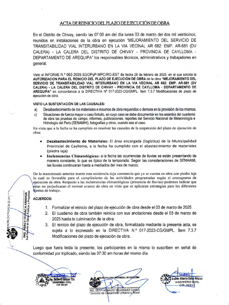 Acta de Reinicio de Obra | PDF