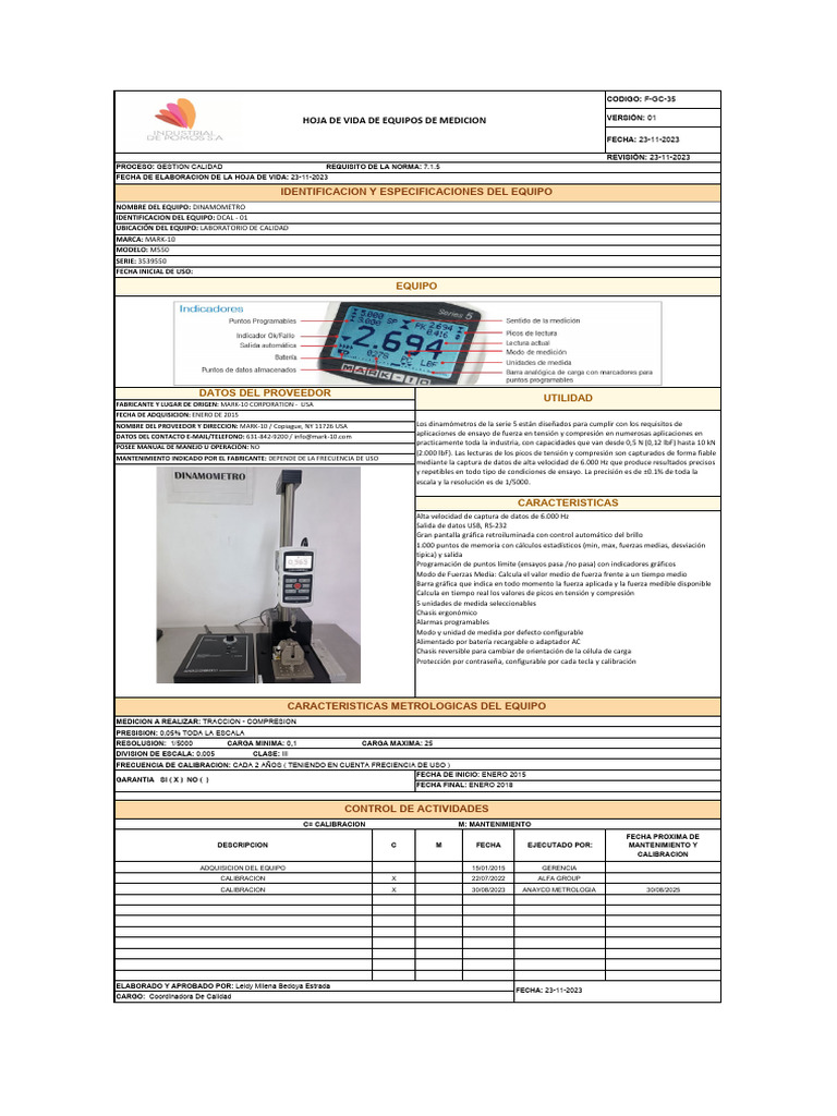 Hoja de Vida Dinamómetro DCAL-01 | PDF | Calibración | Informática