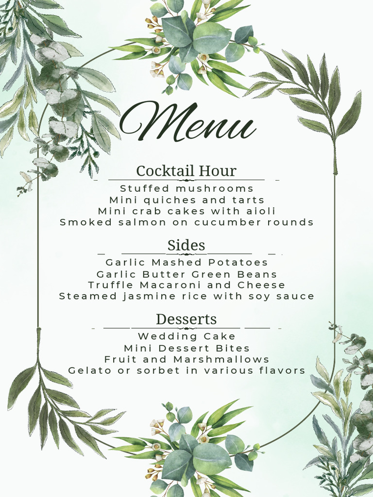 Green Minimalist Wedding Menu | PDF
