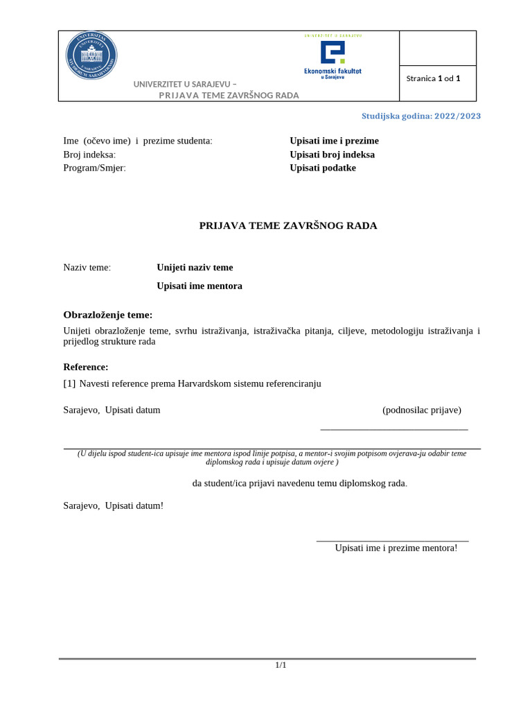 Obrazac Prijava Teme Zavrsnog Rada-Prvi Ciklus 1 | PDF