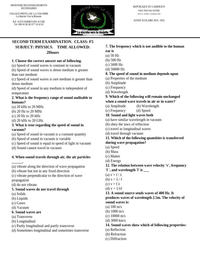 Second Term Exam F5 Physics Final | PDF | Waves | Sound