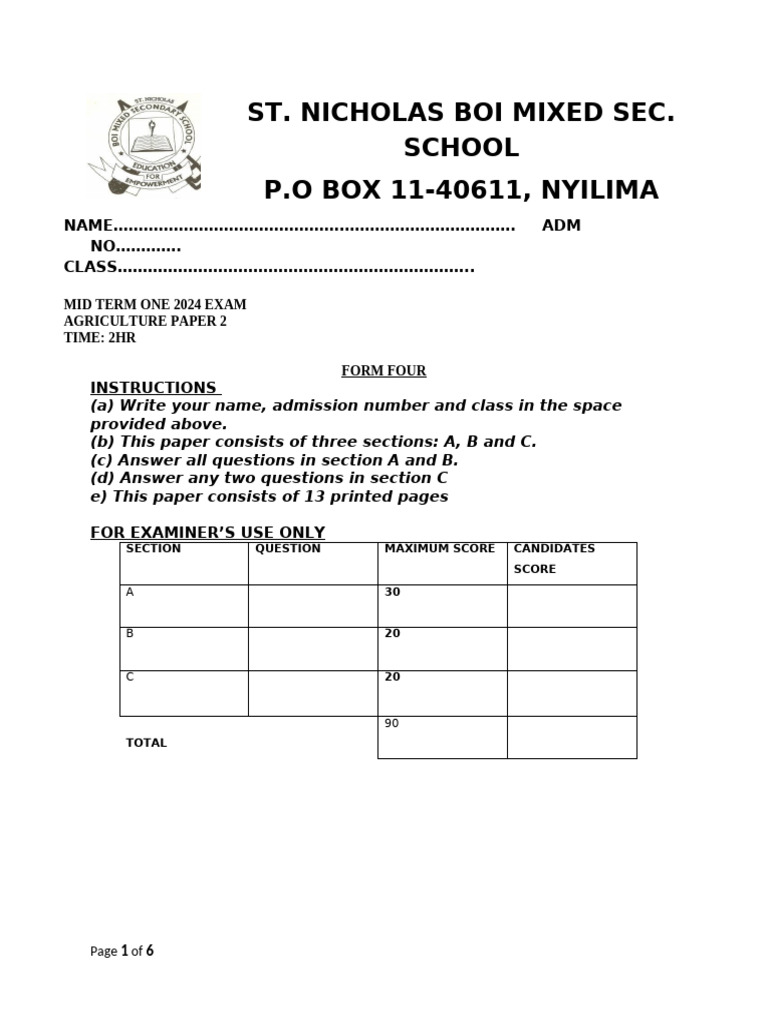 Agriculture Form 4 Mid Term Exam 2024 | PDF | Fertilizer | Agriculture