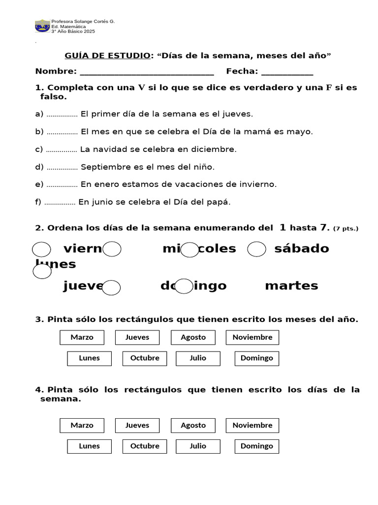 Guía de Estudio: Días y Meses 3° Básico | PDF