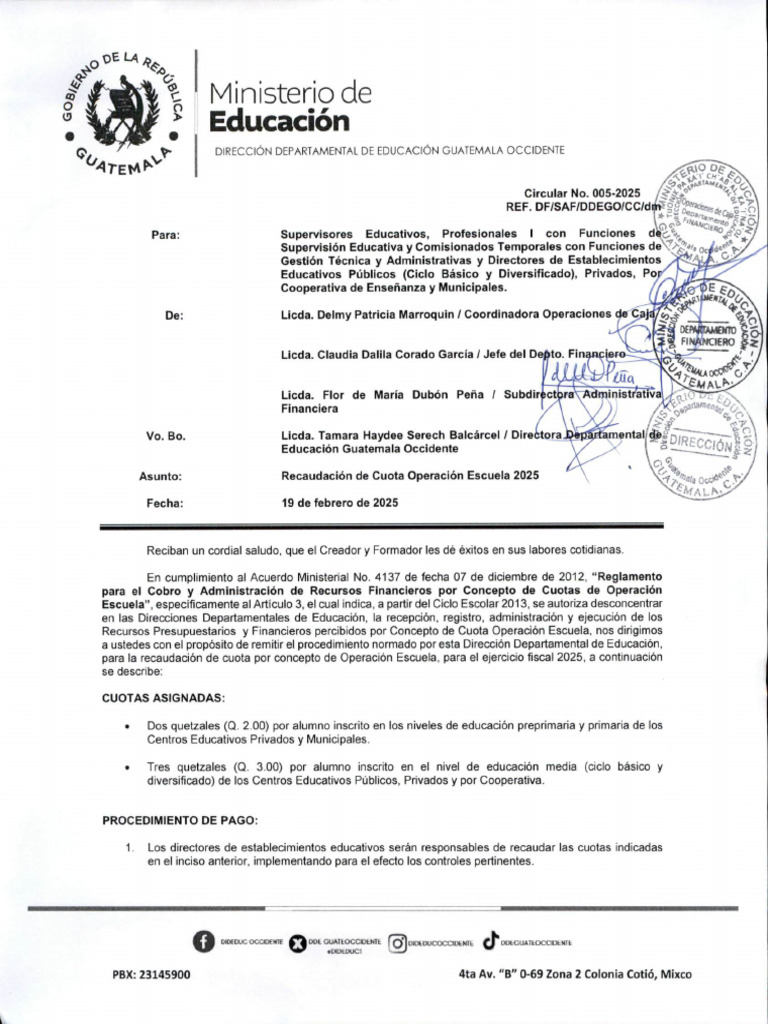 Circular 005-2025 RecuadaciÃ N de Cuota OperaciÃ N Escuela | PDF