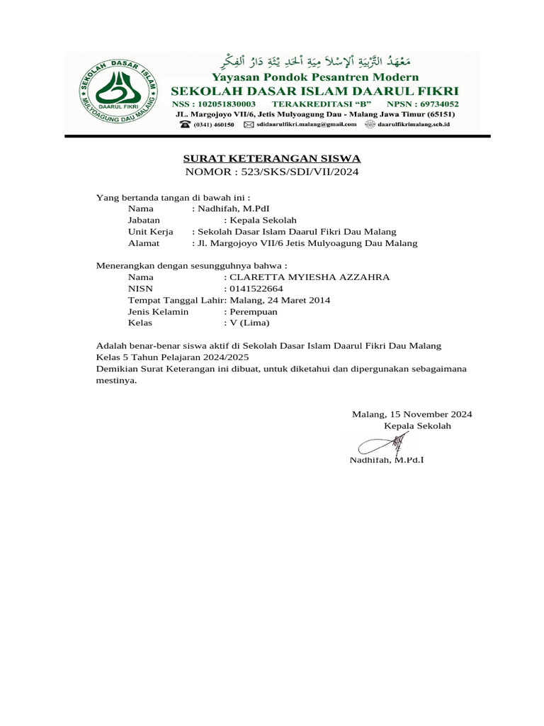 Surat Keterangan Aktif Caca | PDF