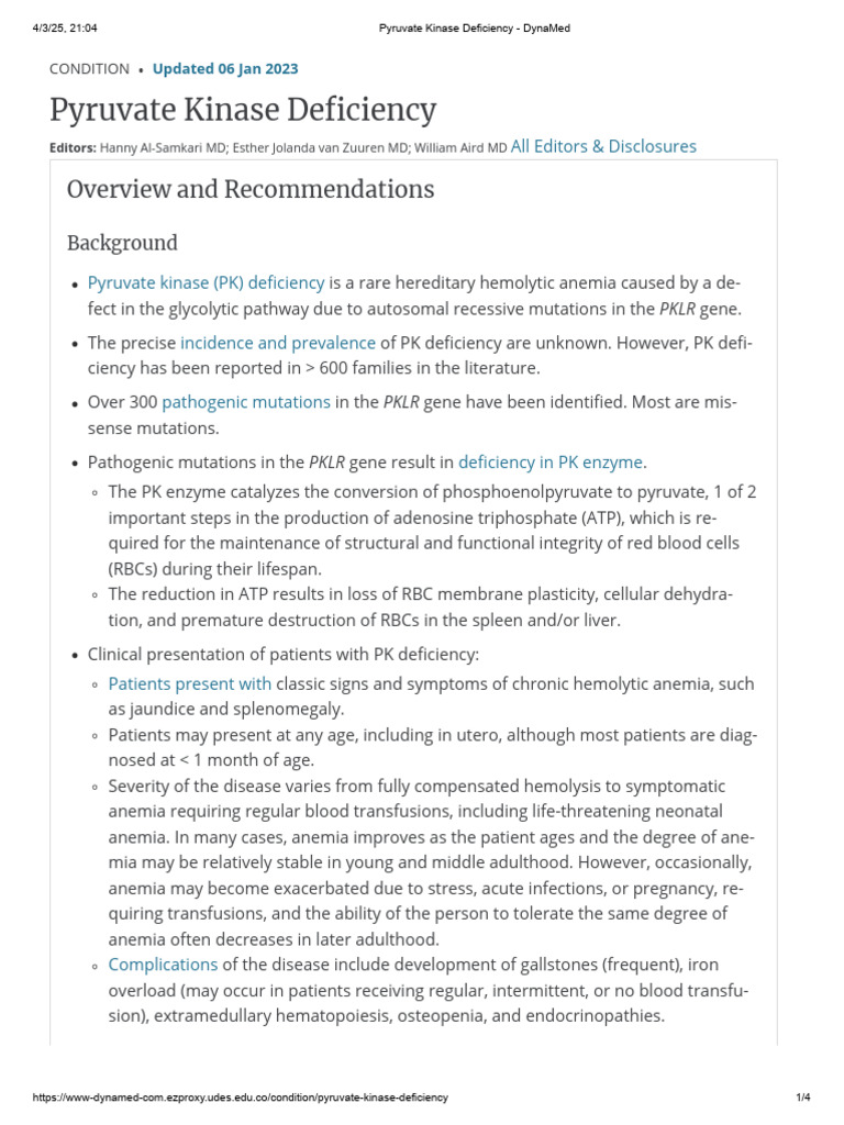 Pyruvate Kinase Deficiency - DynaMed | PDF | Diseases And Disorders | Biochemistry