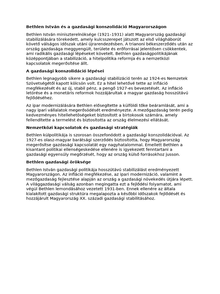 Bethlen István És A Gazdasági Konszolidáció Magyarországon | PDF
