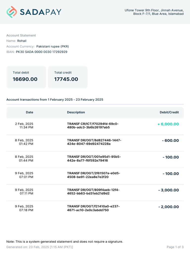 sadapay_account_statement_01-02-2025_23-02-2025 | PDF | Debits And Credits | Business