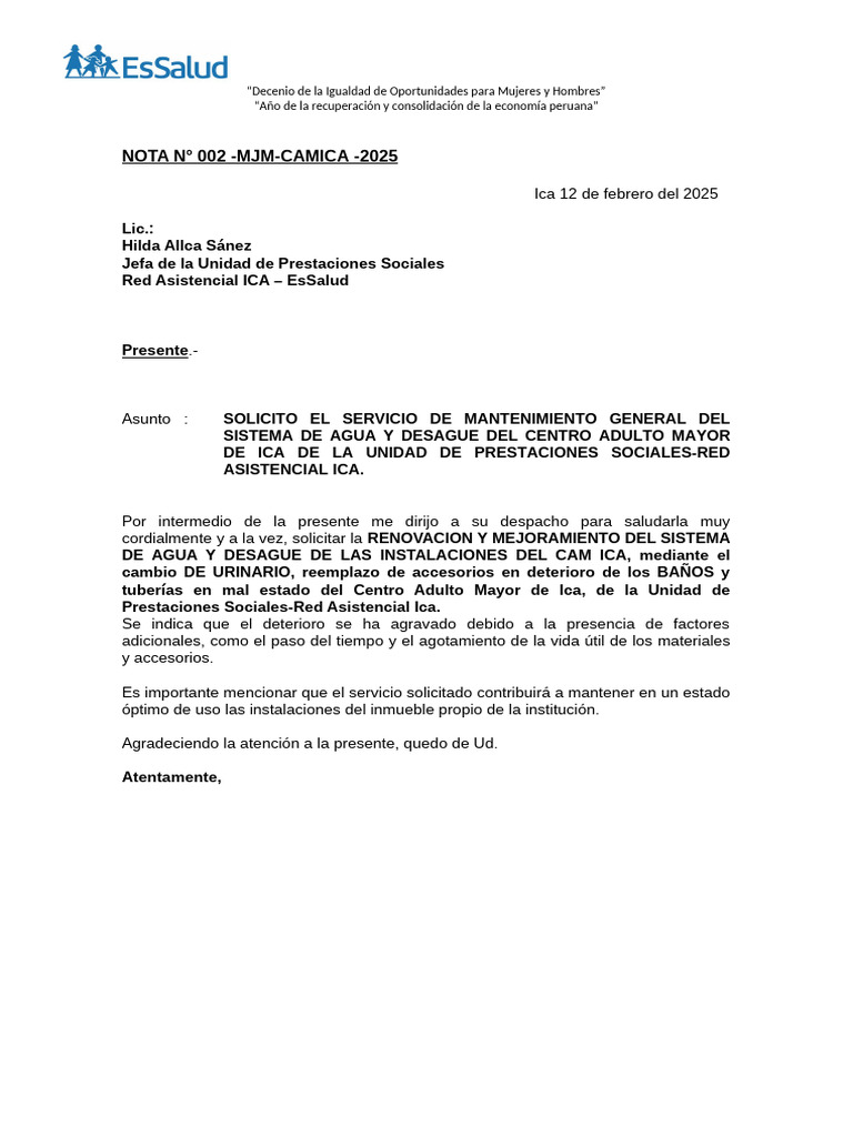 NOTA 12-02-2025 CAM ICA - SOLICITO SERV DE MANTENIMIENTO Instalaciones Agua y Desague Cam Icca ...