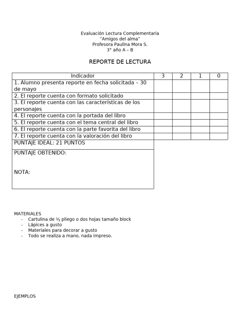 Evaluación Lectura Complementaria Escala de Apreciaciones | PDF