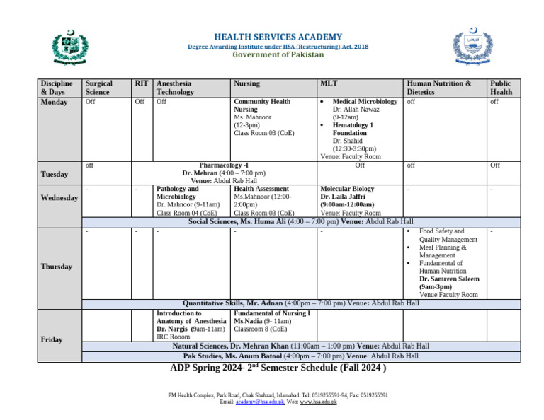 ADP (Semester II Schedule) - Fall 2024 | PDF | Health Sciences ...
