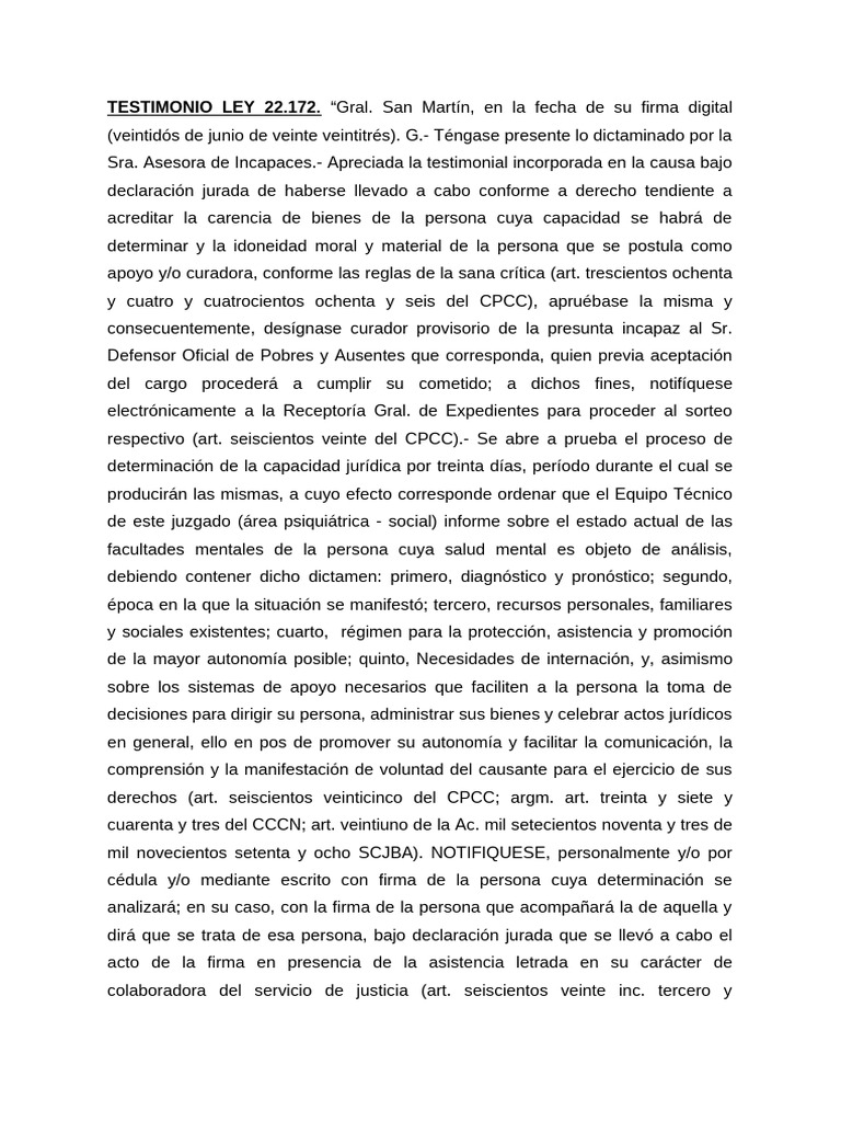 Testimonio sobre Capacidad Jurídica | PDF