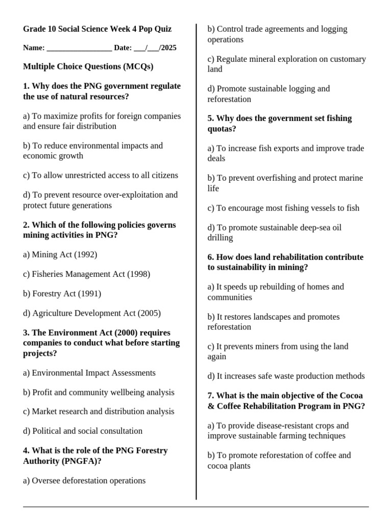 Grade 10 Social Studies Pop Quiz - Copy | PDF | Sustainability ...