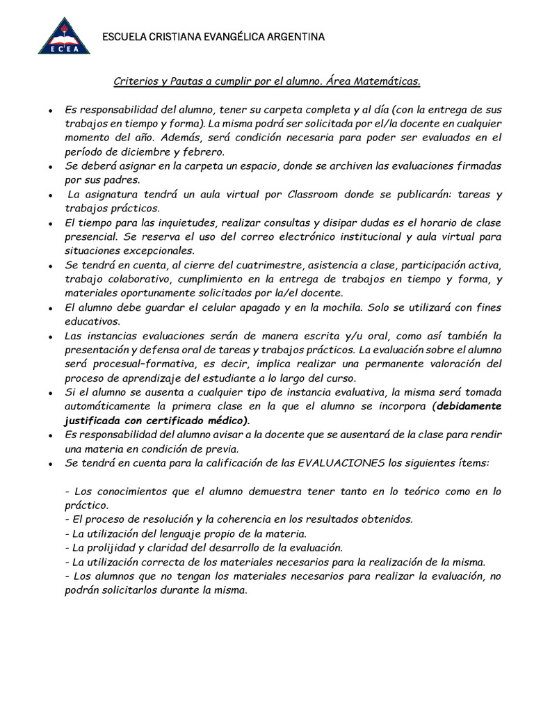 Criterios y Pautas de Evaluación de Matemáticas 2025 | PDF | Salón de clases | Escuelas