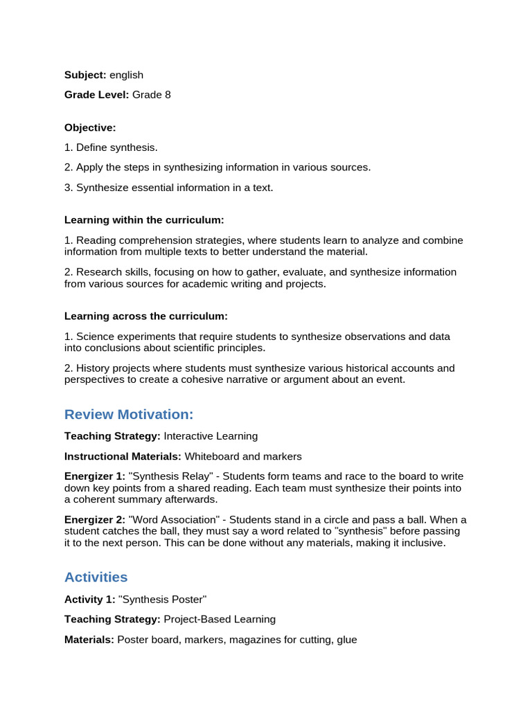 lesson_plan | PDF | Reading Comprehension | Critical Thinking