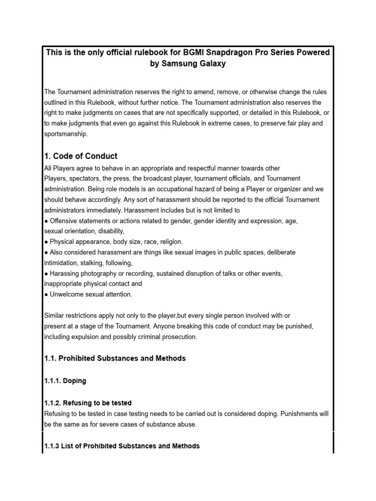 BGMI Snapdragon Pro Series Rulebook | PDF | Harassment | Doping In Sport