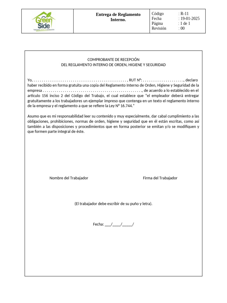 Entrega de Reglamento Interno | PDF