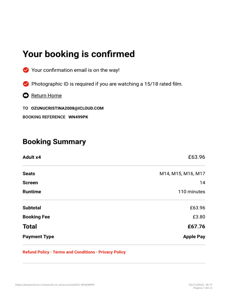 Cineworld Booking Confirmation | PDF | Apple Inc. | Payments
