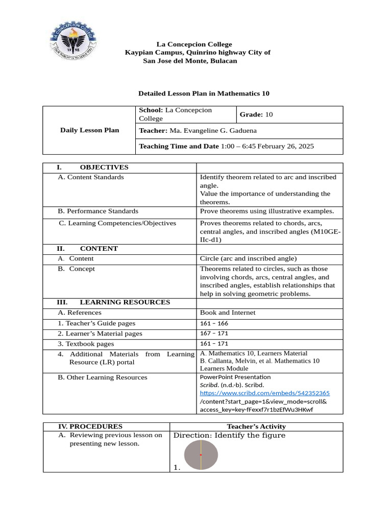 DLP - Arcs and Inscribed Angle9 | PDF | Circle | Angle