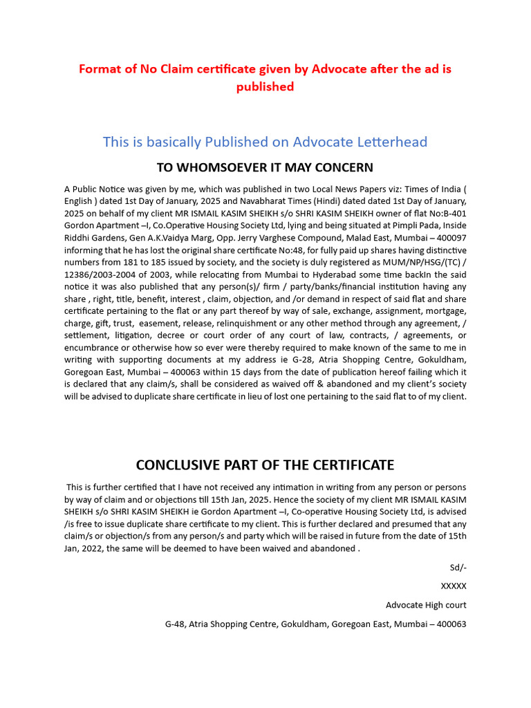 Format of No Claim Certificate Given by Advocate | PDF | Business Law ...