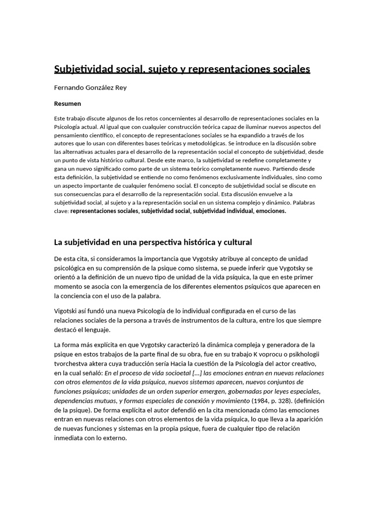 Subjetividad social y representaciones psicológicas | PDF | Experiencia ...