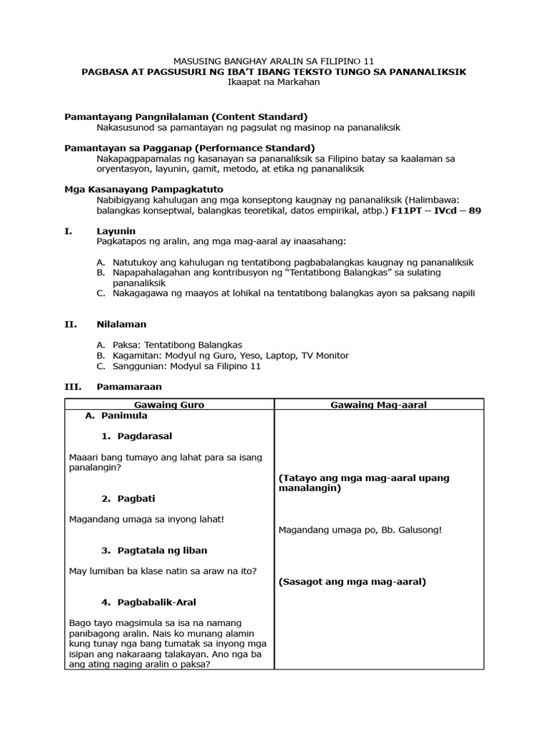 LP - Tentatibong Balangkas | PDF