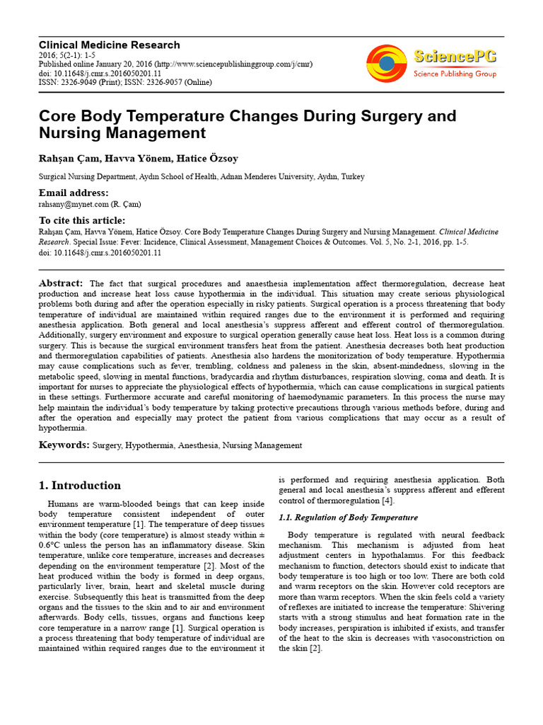 Core Body Temperature Changes During Sur | PDF | Hypothermia ...