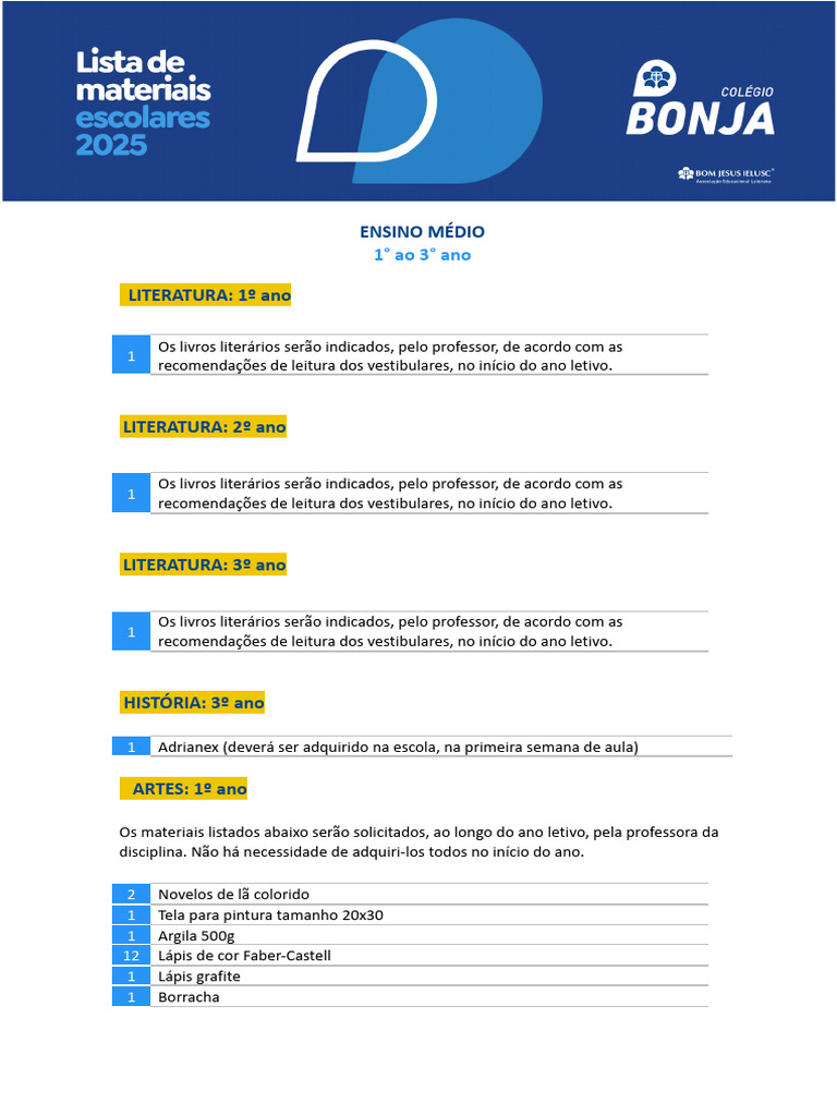 Materiais 2025 - Ensino Médio BONJA | PDF | Faculdade