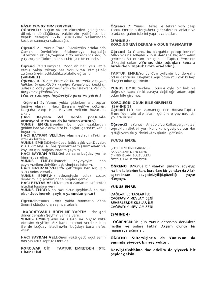 Yunus Emre Oratoryo Metni | PDF