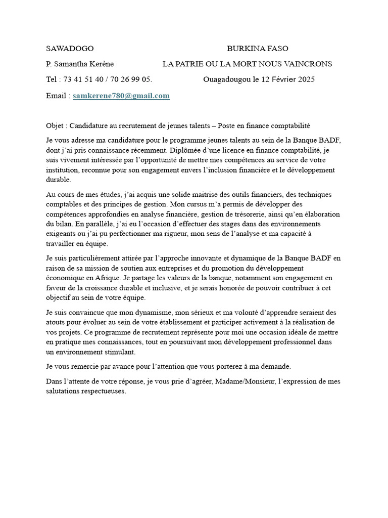 Candidature au programme jeunes talents BADF | PDF