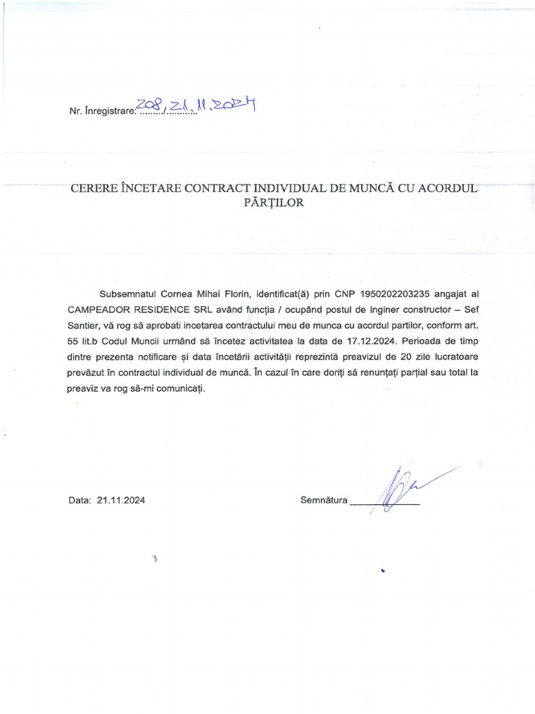 2024 11 21 Cerere Preaviz Mihai CORNEA - RESIDENCE | PDF