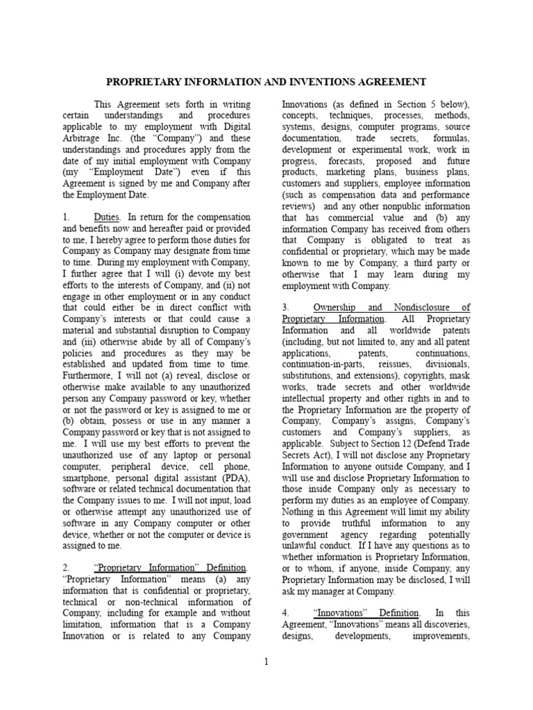 US (Non-CA) Form of Proprietary Information and Inventions Agreement ...