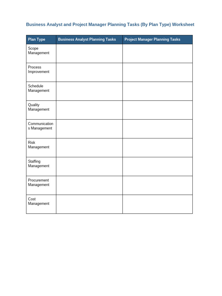 BA+and+PM+Planning+Tasks+Worksheet | PDF