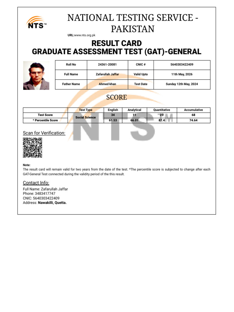 NTS - (GAT-GENERAL) Result Card | PDF