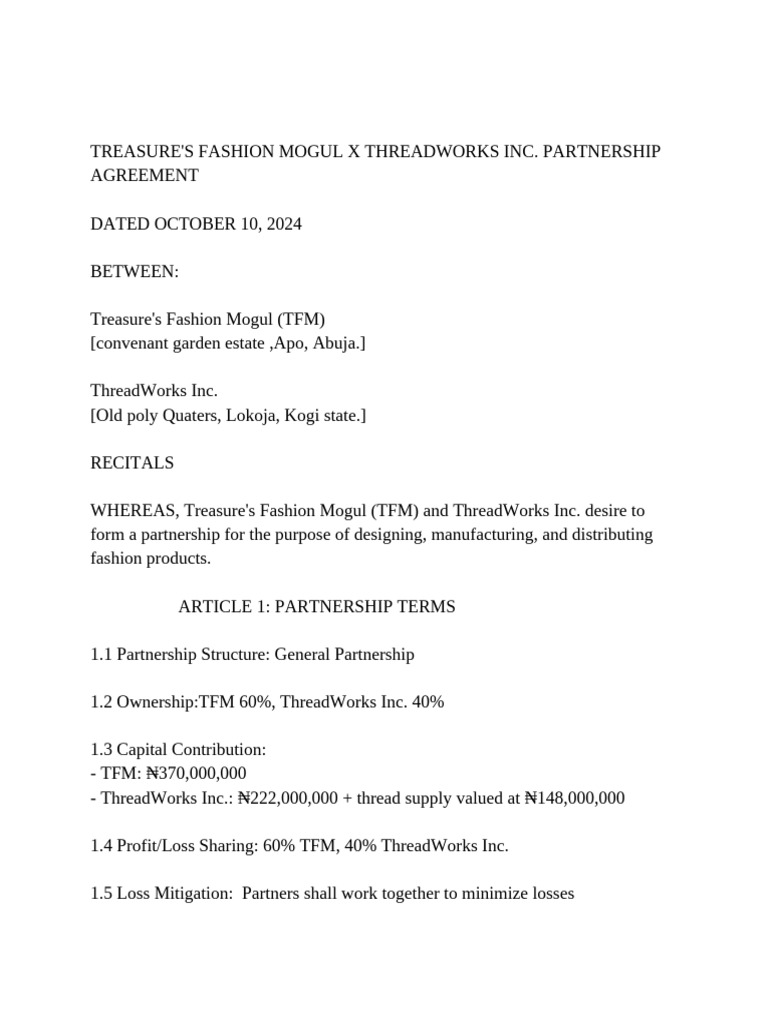 Partnership Agreement Draft | PDF | Mediation | Indemnity