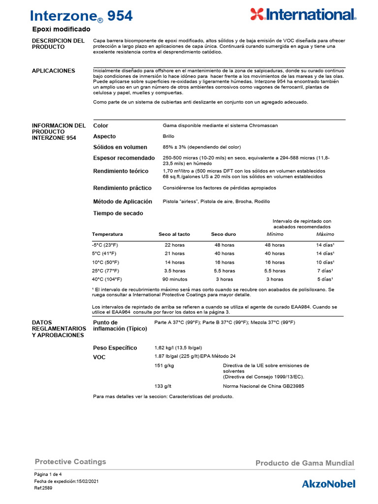 Capa Epoxi Bicomponente Interzone 954 | PDF | Agua | Temperatura