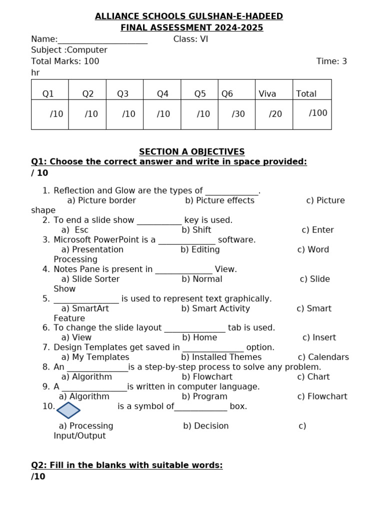 Class 6 Computer Assessment 2024-2025 | PDF | Computing