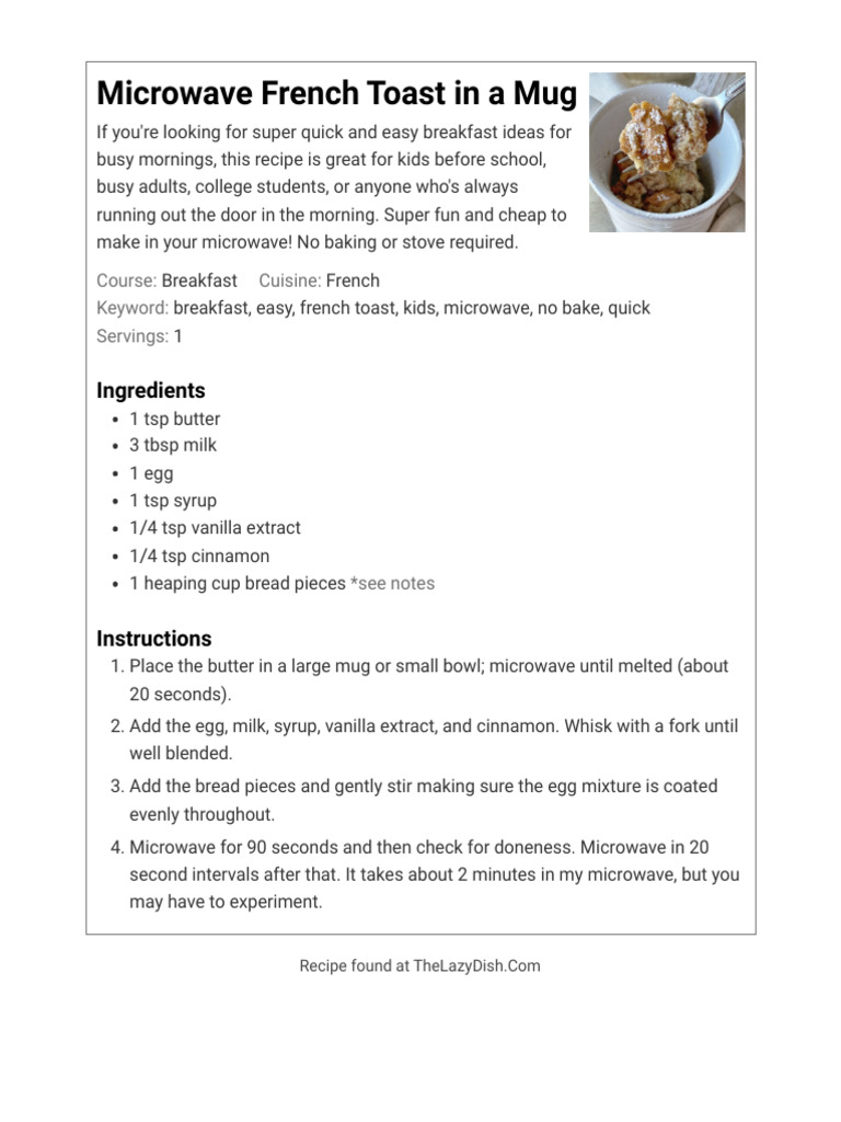 Microwave French Toast in A Mug - The Lazy Dish | PDF