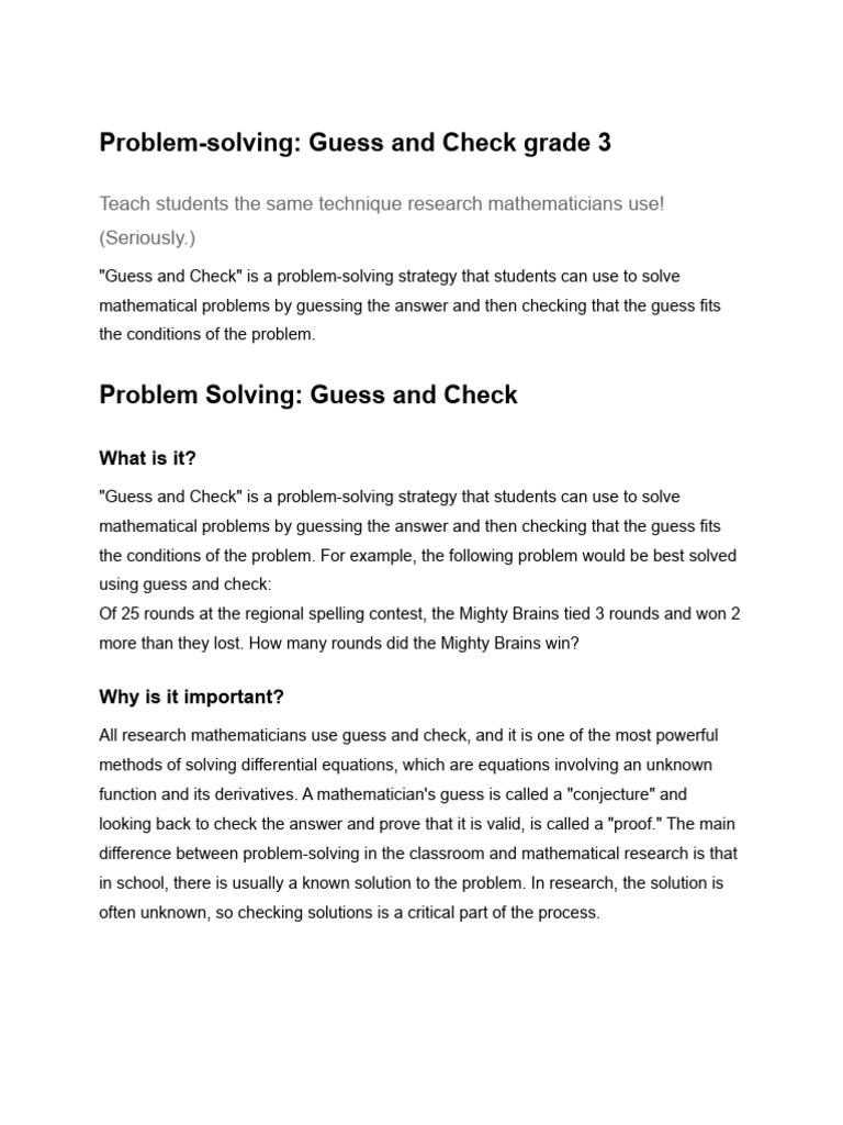 Guess and Check Strategy Grade 3 | PDF | Mathematics | Equations