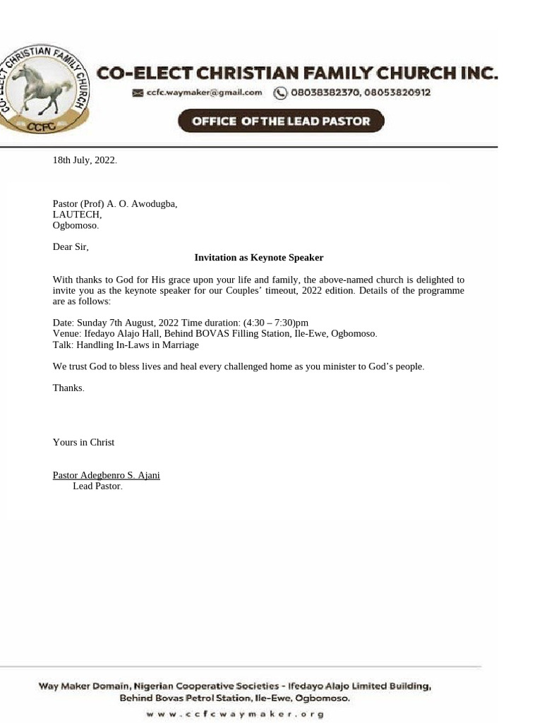 Letter As Keynote Speaker Prof Awodugba | PDF