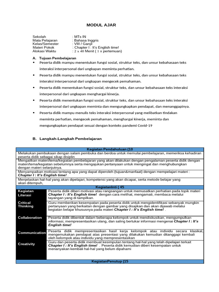1 RPP B.ing Kel. 8 Sem .1 Fix | PDF