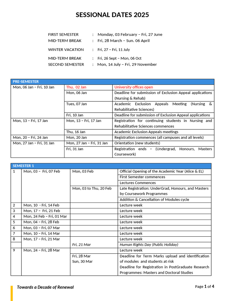 Sessional Dates 2025 Correct | PDF | Academic Term | Academia