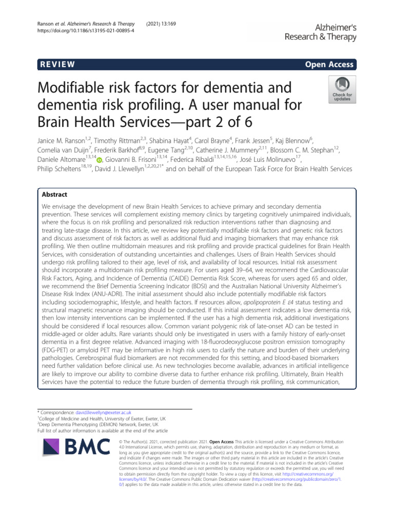 Alzheimer modifiable risk | PDF | Dementia | Alzheimer's Disease