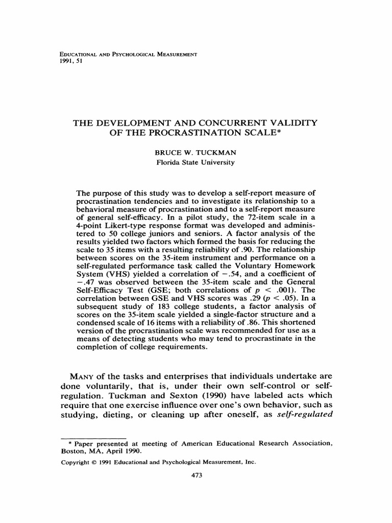 Tuckman 1991 The Development and Concurrent Validity of The Procrastination Scale | PDF