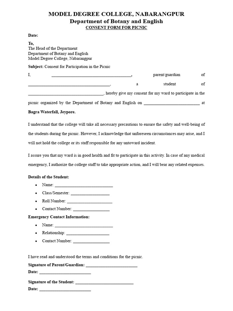 Consent Form For Picnic | PDF