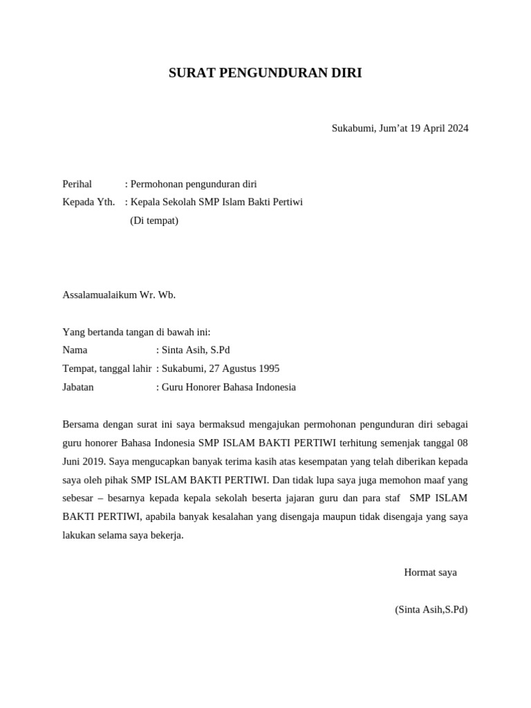 Surat Pengunduran Diri Guru Honorer - 081821 | PDF