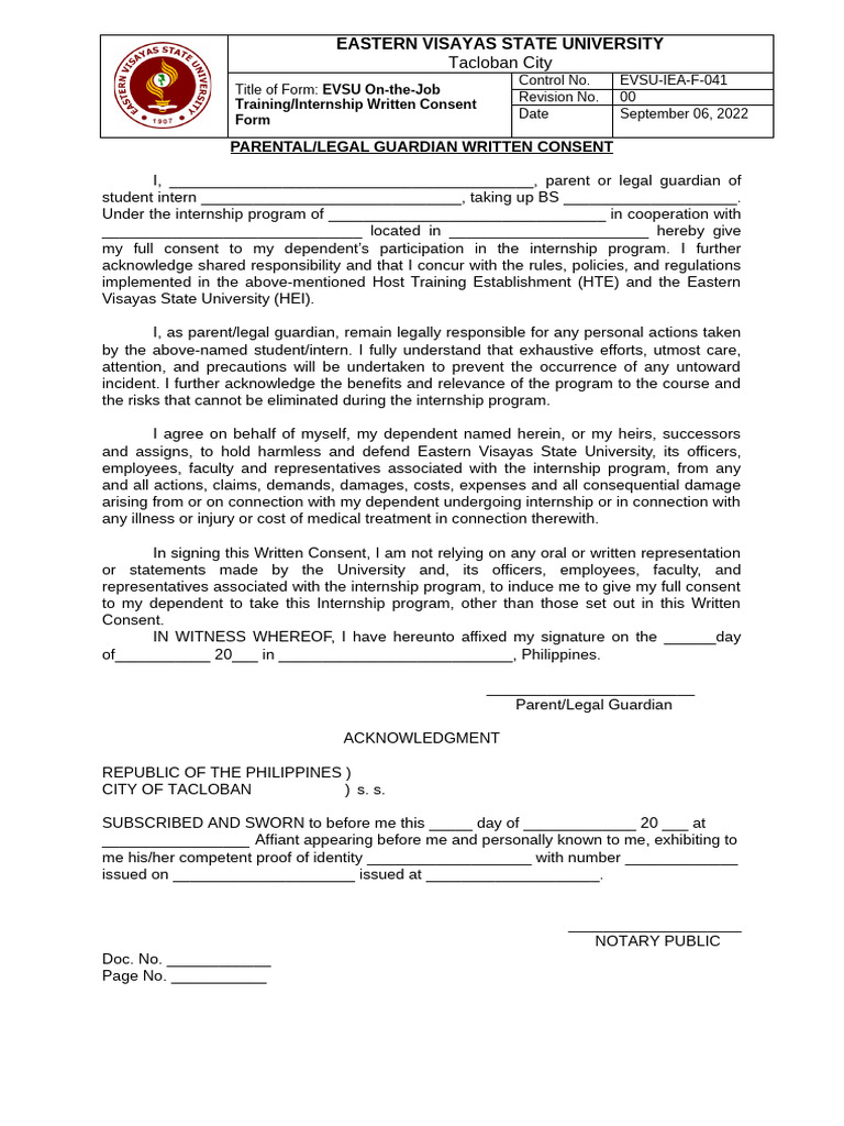 EVSU IEA F 041 OJT Written Consent Form 1 | PDF | Common Law